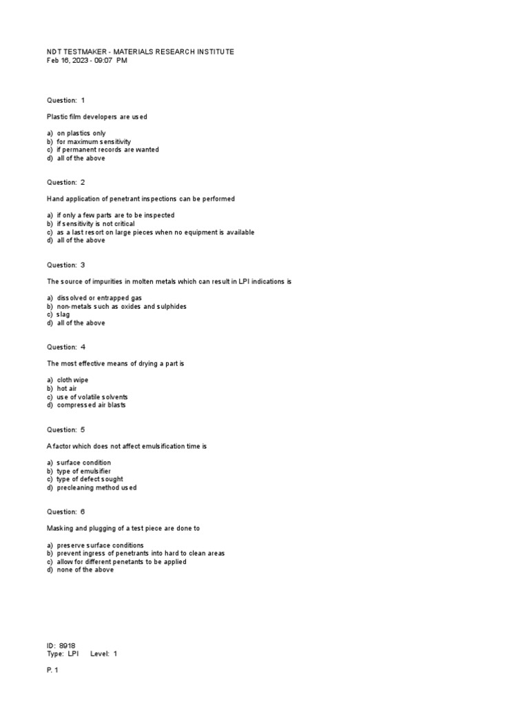 NDT Testing Guide for Liquid Penetrant Inspection Level 1 | PDF ...