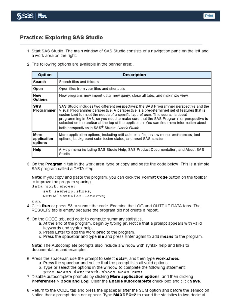 1 Practice - Exploring SAS Studio | PDF | Sas (Software) | Computer Science