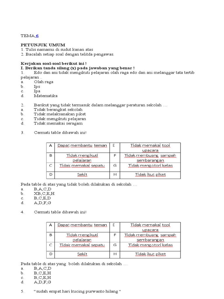 30+ Contoh Soal UTS PTS untuk kelas 2 SD MI Tema 6 Sub 1 & 2 Kunci Jawaban | PDF
