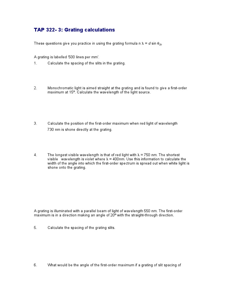 Episode 322 3 Grating Calculations | PDF | Wavelength | Light