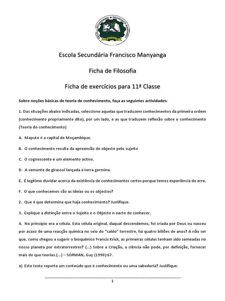 Exercicios Filosofia 11 Classe Julho2021 | PDF | Conhecimento | Immanuel Kant