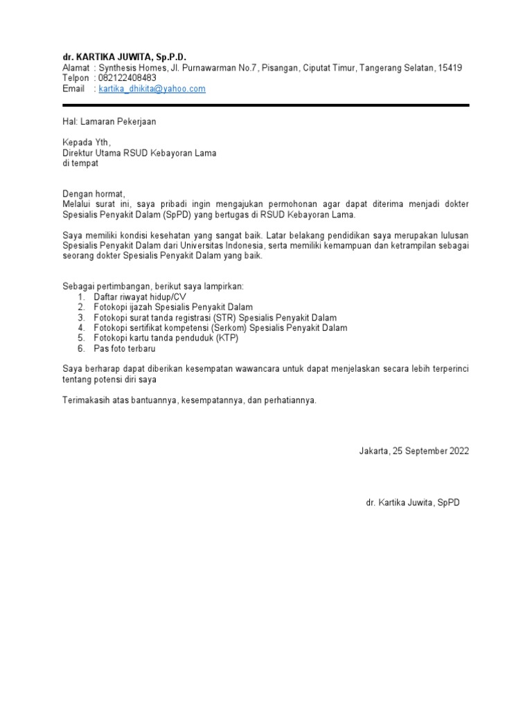 Surat Lamaran SPPD RSUD Kebayoran Lama | PDF