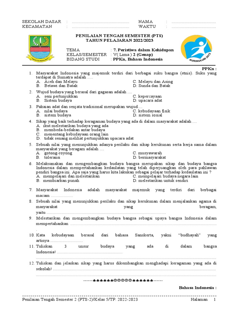 Soal PTS-2 Kelas 5 (2022-2023) - Tema 7. Peristiwa Dalam Kehidupan (PPKN, Bahasa Indonesia) | PDF