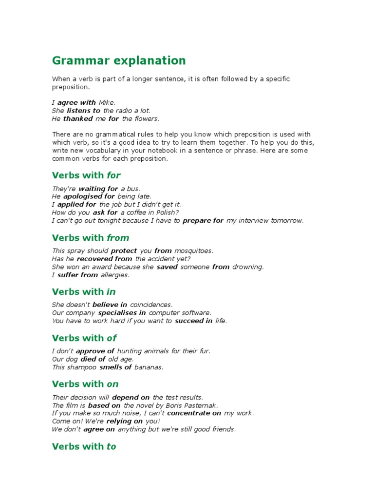 Grammar explanation of common verb-preposition combinations | PDF ...
