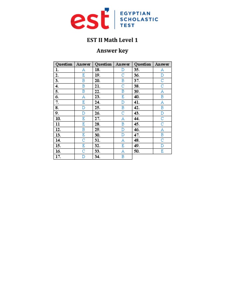 EST II Math Level 1 Answer Key | PDF