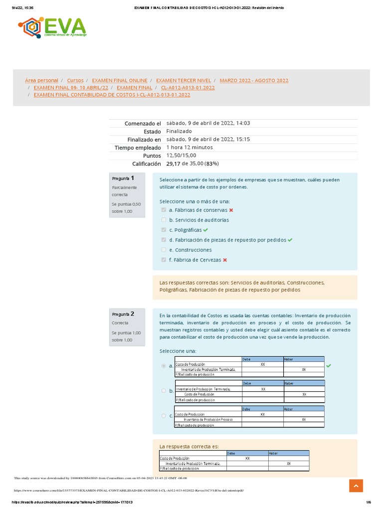 Examen Final Contabilidad de Costos I CL A012 013 01.2022 Revisi N Del Intento PDF | PDF ...