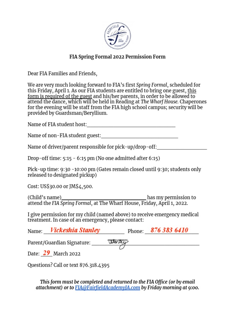 FIA Spring Formal Permission Form | PDF | Business | Wellness