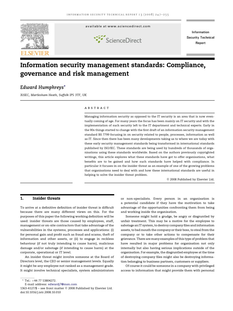 Information Security Management Standards - Compliance, Governance and Risk Management ...