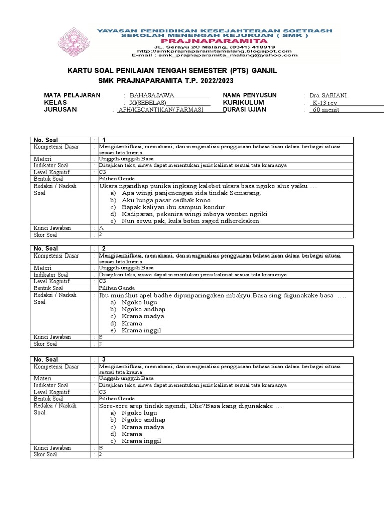 1kartu Soal Pts Ganjil 2022-2023- Bahasa Jawa - Smk Prajnaparamita Malang | PDF