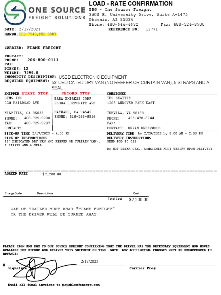 First Stop Second Stop: Date: 2/17/2023 HAWB#: Reference No: 13771 ...