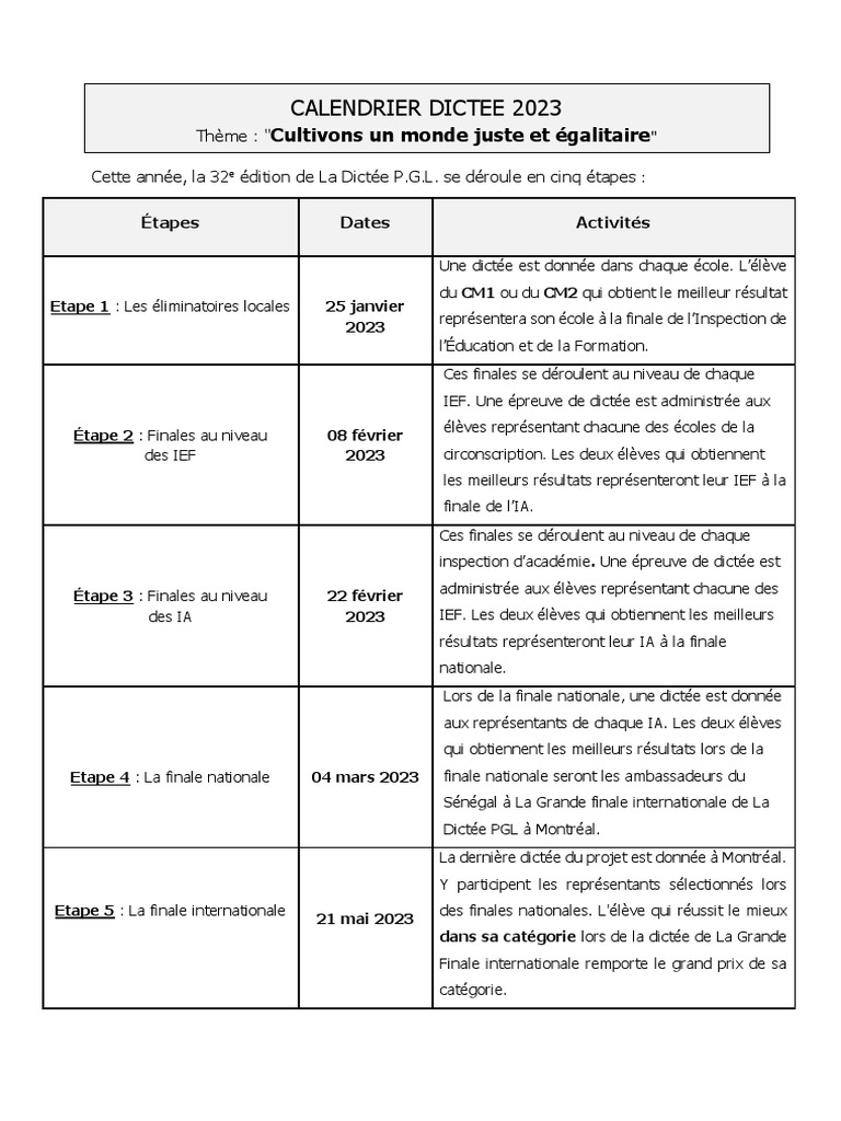 Calendrier Dictée P.G.L. 2023 | PDF