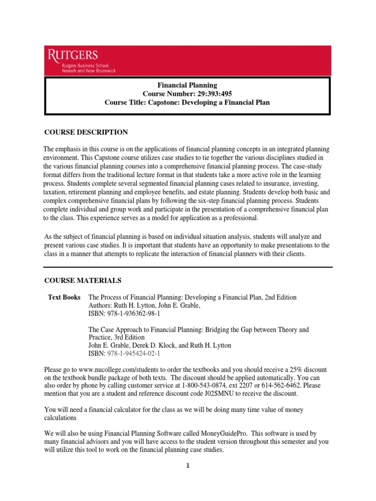 Financial Planning Course Number: 29:393:495 Course Title: Capstone ...