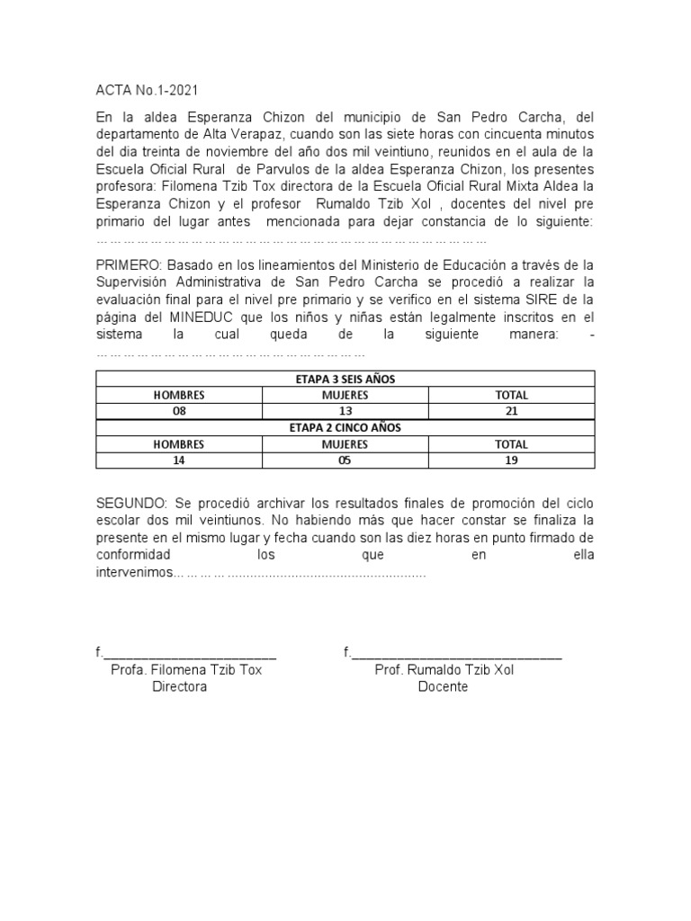 ACTA No Ezperanza Chizon | PDF | Estudios de idiomas extranjeros