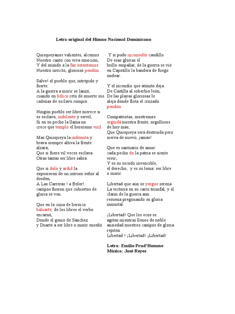 Letra Original Del Himno Nacional Dominicano | PDF | República Dominicana
