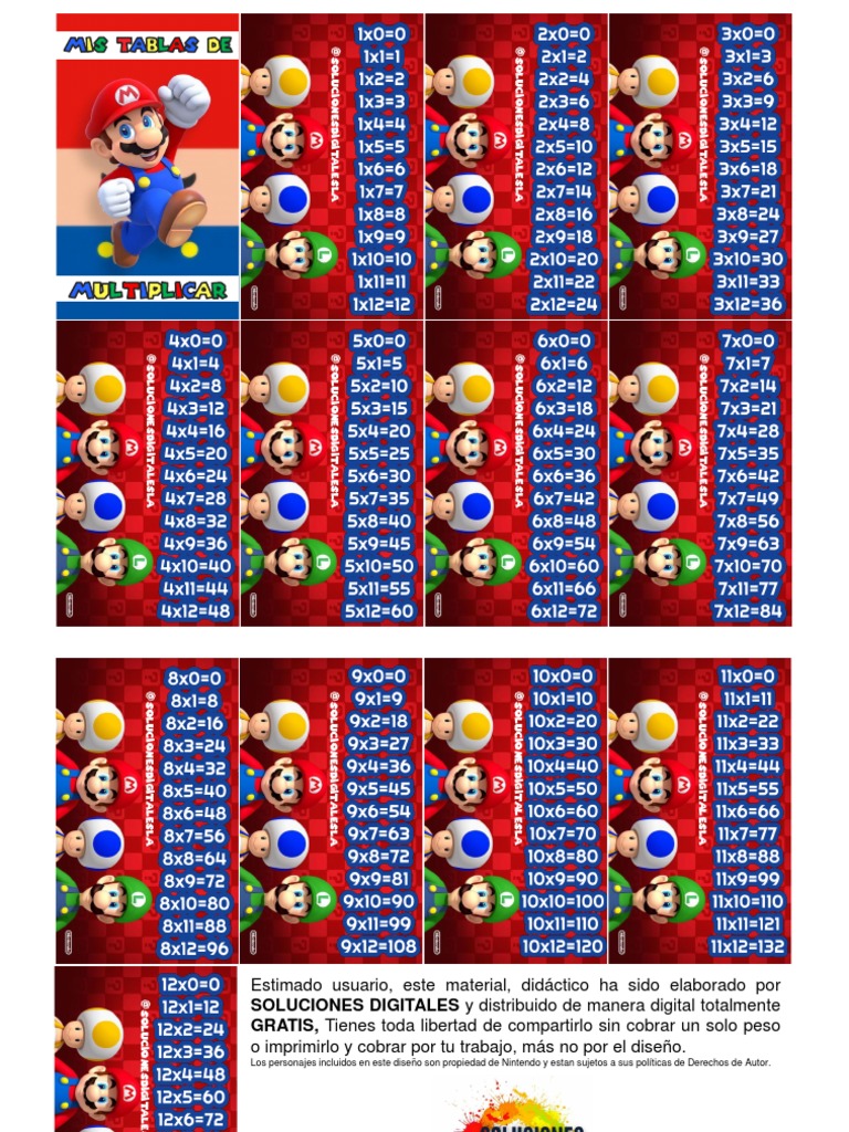 Tablas de Multiplicar Del 1 Al 12 Mario Bros | PDF