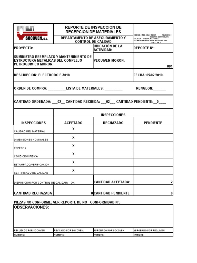 Reporte de Inspección de Recepción de Materiales | PDF
