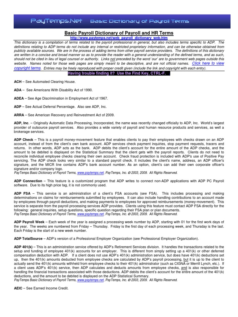 Payroll Dictionary of Payroll and HR Terms | PDF | Payroll Tax ...