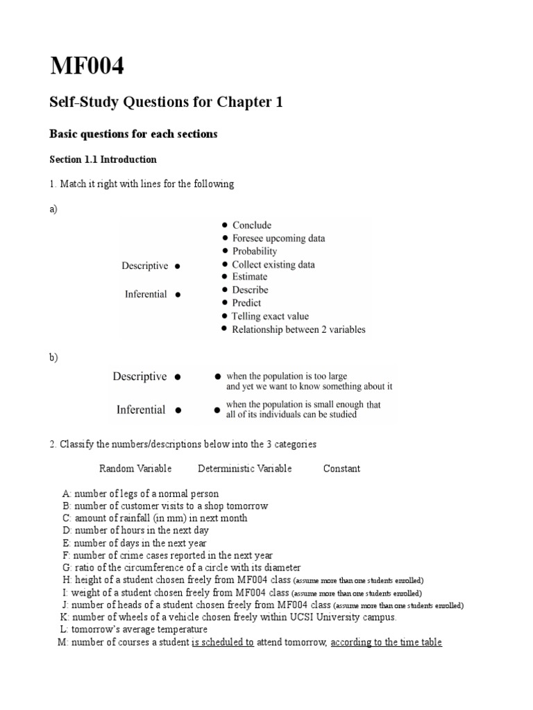 Understanding Variables and Statistics: An Analysis of Self-Study Questions for Chapter 1 | PDF ...