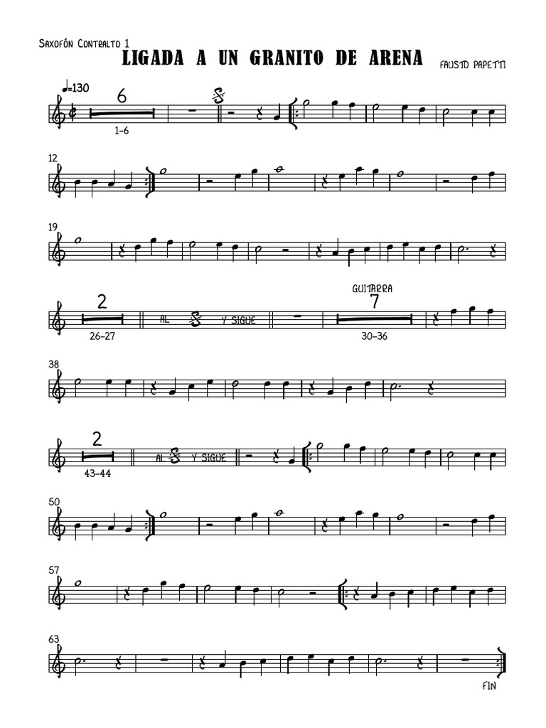 Ligada A Un Granito de Arena - Fausto Papetti - Saxofón Contralto 1 | PDF