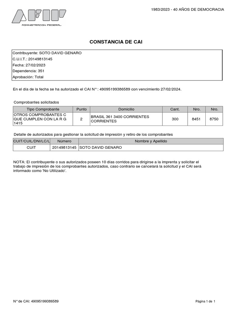 Constancia de CAI para Soto David Genaro | PDF
