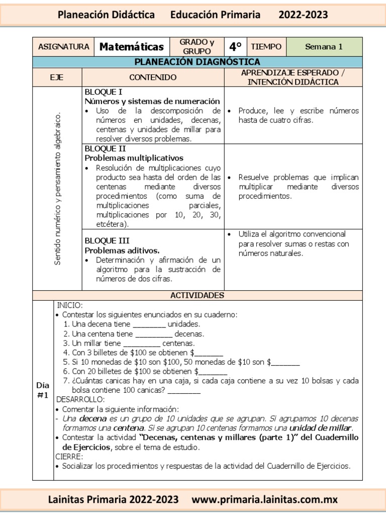 Septiembre - 4to Grado Matemáticas (2022-2023) | PDF | División ...