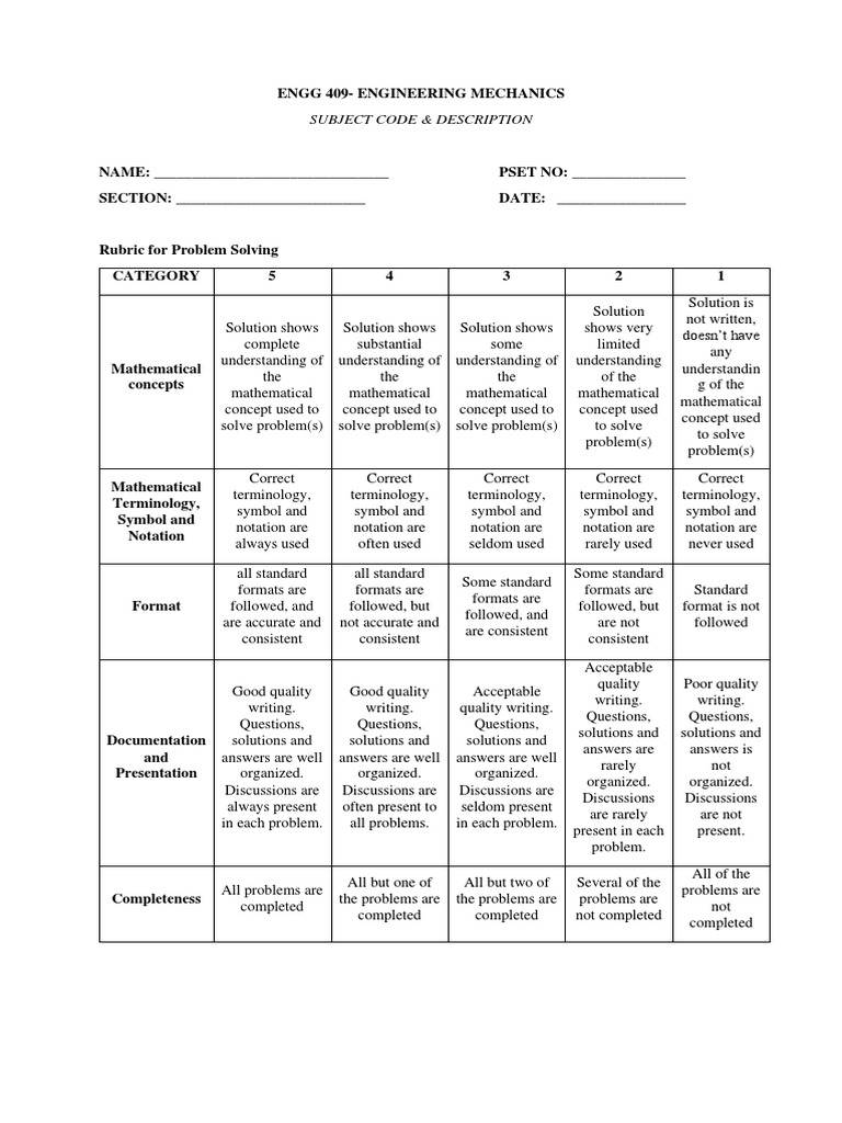 Mechanics Rubrics | PDF | Mathematics | Understanding