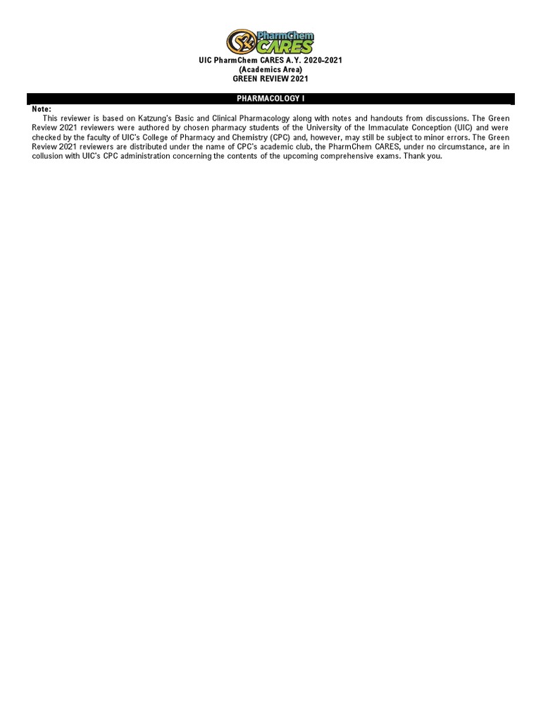 Pcol I Reviewer PhChCARES Green Review | PDF