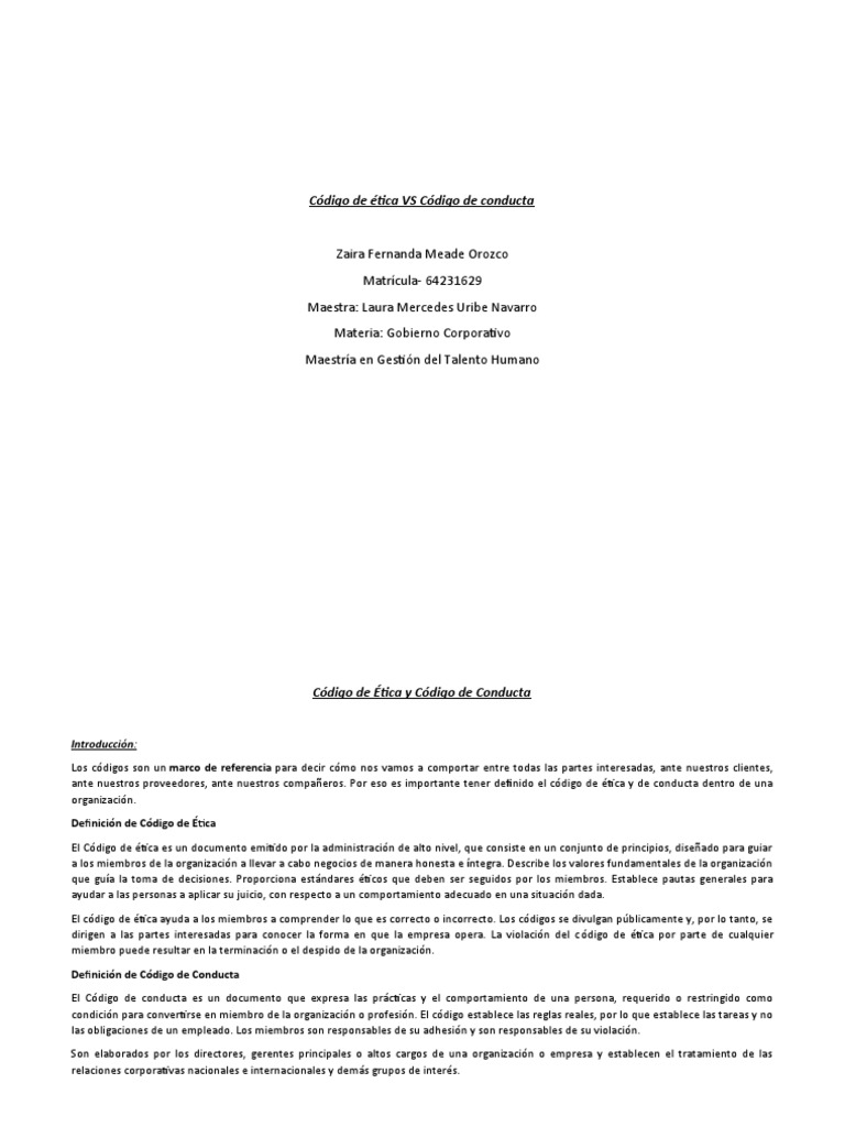 Cuadrocomparativo Código De Etica Vs Código De Conducta Pdf