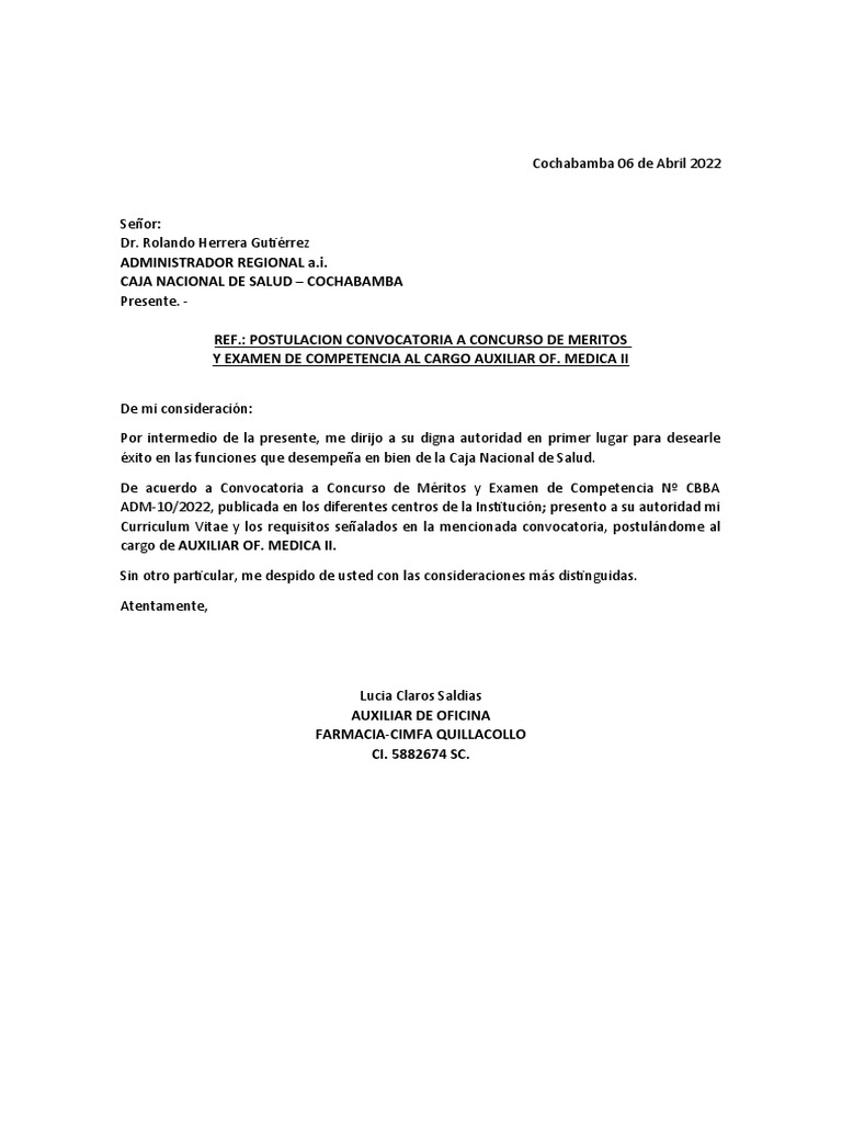 Carta Postulacion | PDF