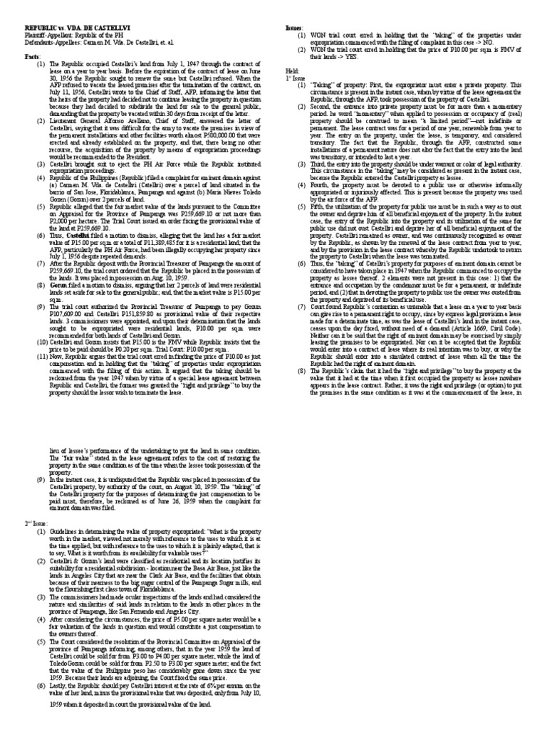 Republic vs. Castellvi: Expropriation Case | PDF | Lease | Eminent Domain