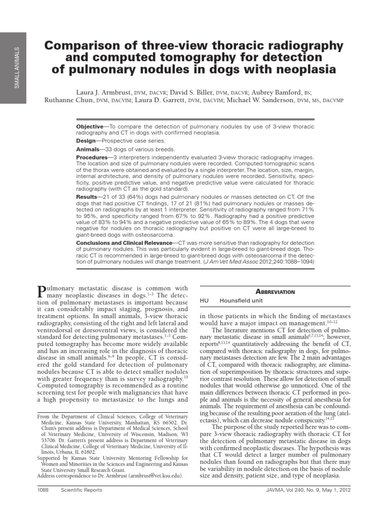 Comparison Of Three View Thoracic Radiography And Computed Tomography For Detection Of Pulmonary