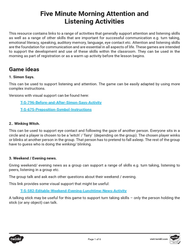Morning Games for Attention & Listening | PDF | Attention | Memory
