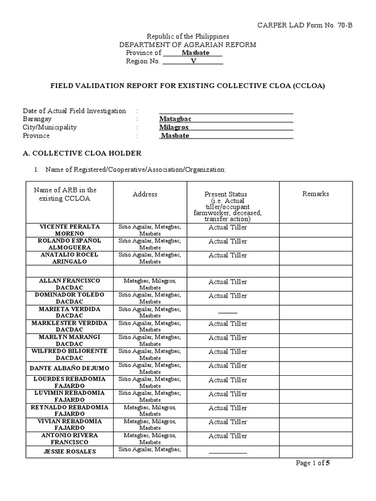 Form 70 B - Field Validation Report For Existing Collective Cloa Ccloa ...