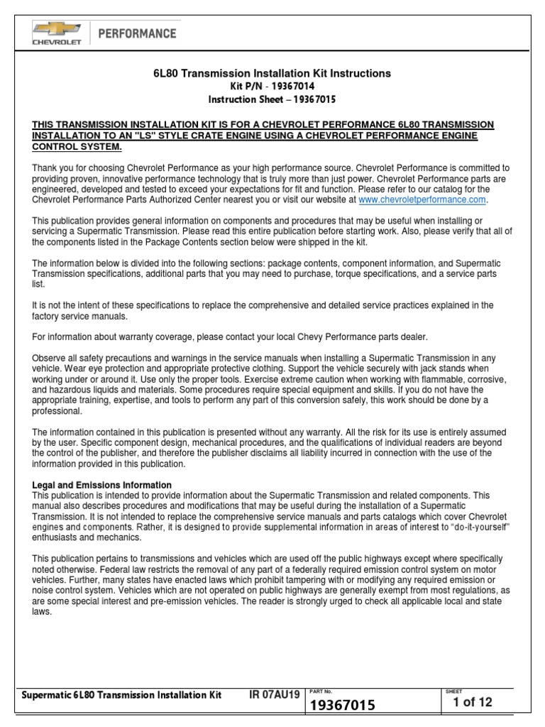 6L80 Transmission Kit Guide | PDF | Vehicles | Manual Transmission