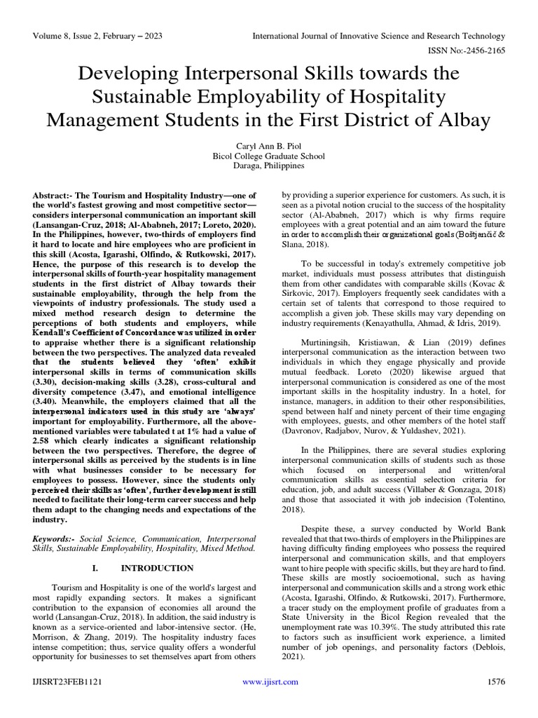 Developing Interpersonal Skills Towards The Sustainable Employability of Hospitality Management ...