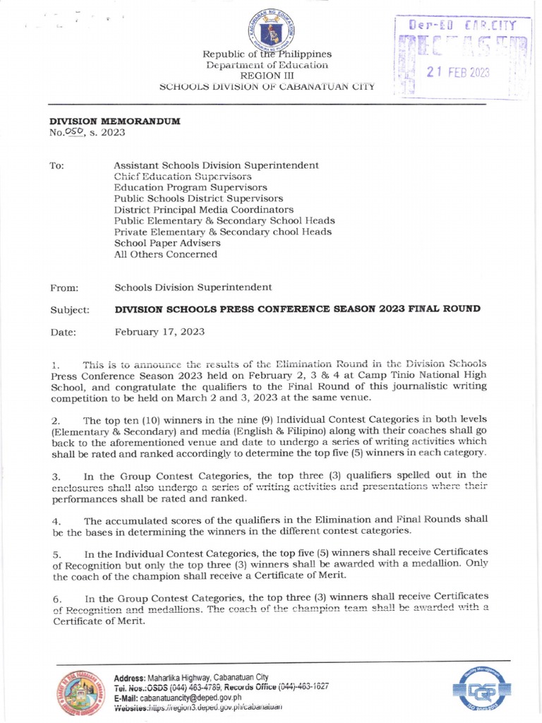DM No. 050 S. 2023 - DIVISION SCHOOLS PRESS CONFERENCE SEASON 2023 ...