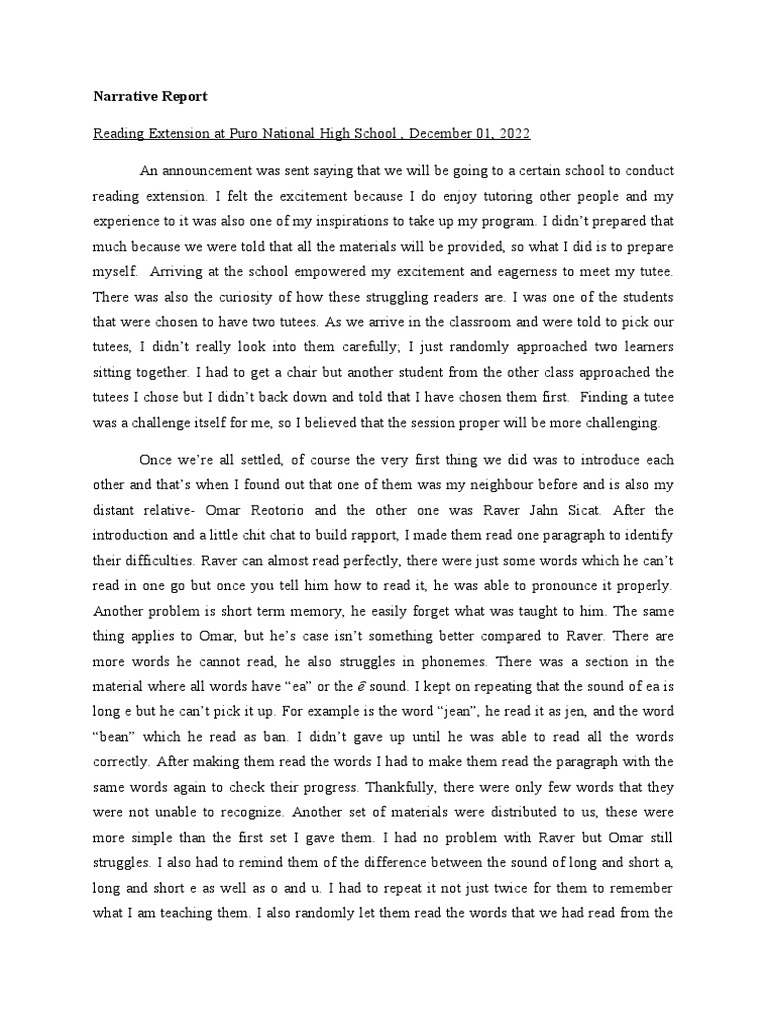 Narrative Report On Reading Extension | PDF