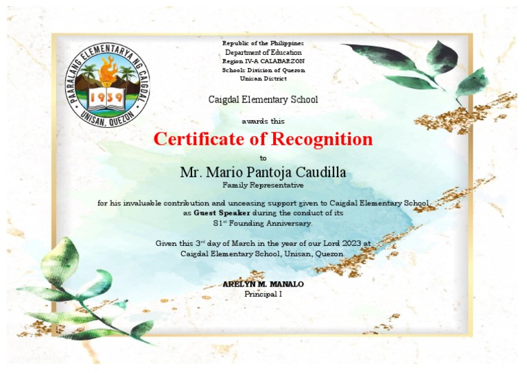Certificate of Recognition for Guest Speaker | PDF