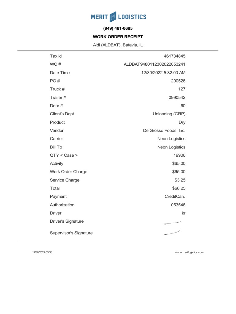 Lumper Receipt - ALDBAT9480112302022053241 | PDF