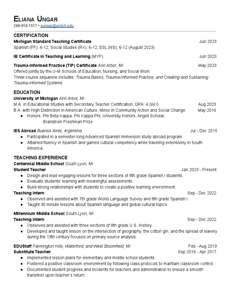 Eliana Ungar Resume 02 | PDF | Teachers | Schools