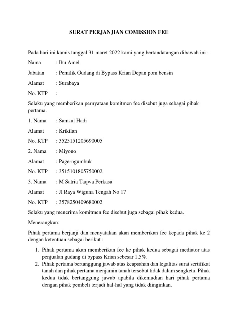 Surat Perjanjian Comission Fee | PDF