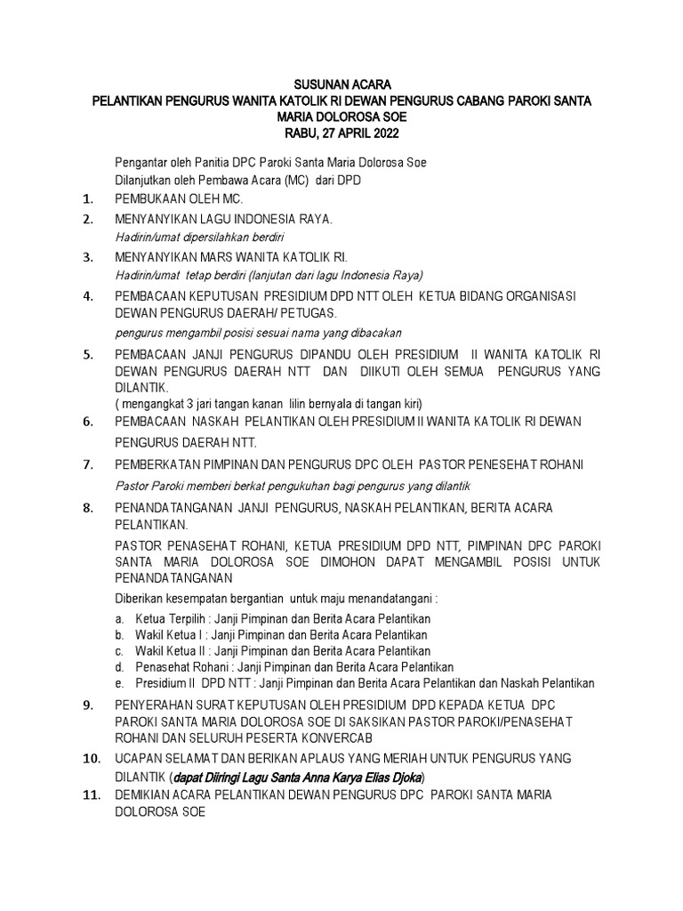 Susunan Acara Pelantikan Konfercab WKRI | PDF