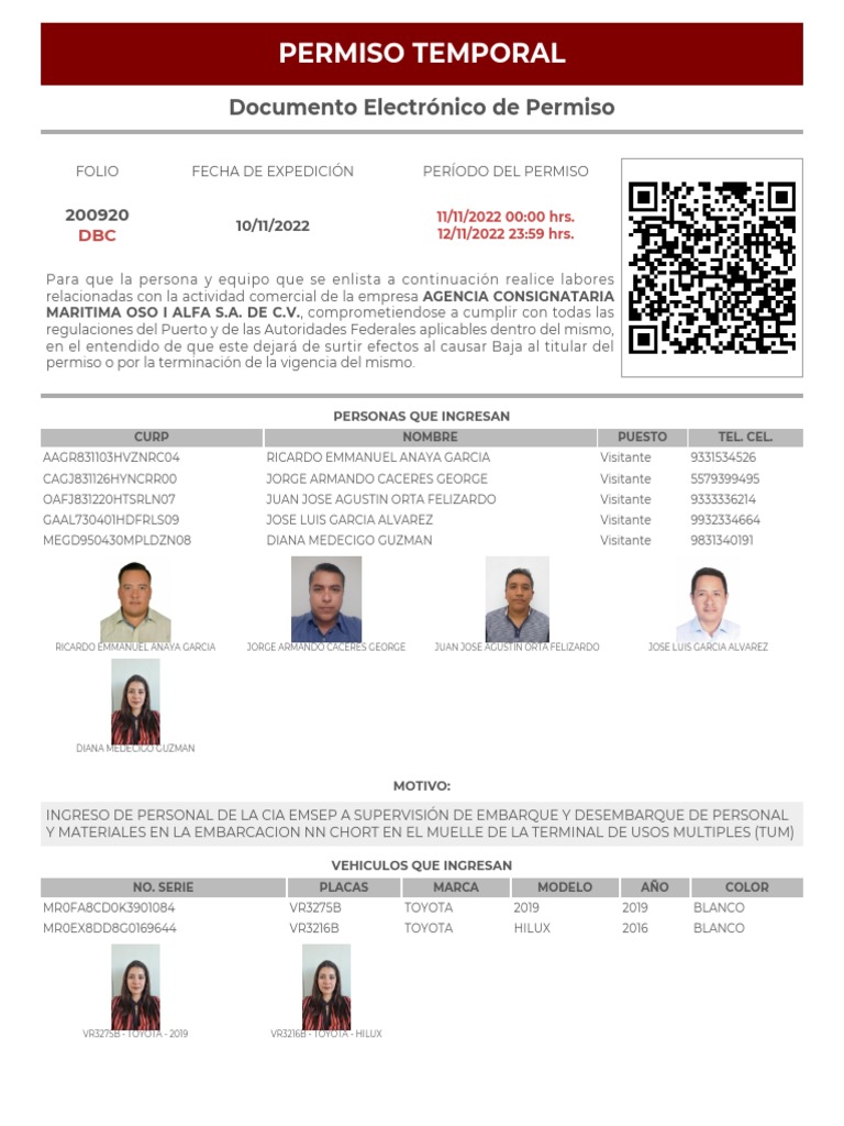 Permiso temporal para ingreso de personal y vehículos a puerto | PDF