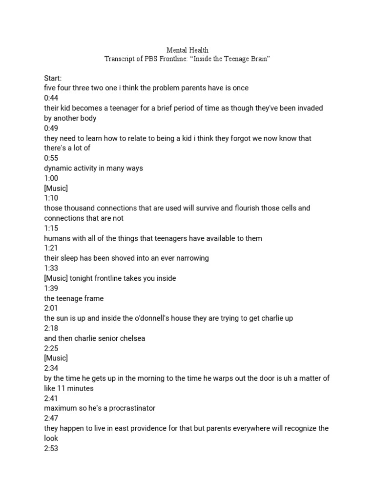 Transcript of PBS Frontline-Inside The Teenage Brain | PDF | Adolescence | Sleep