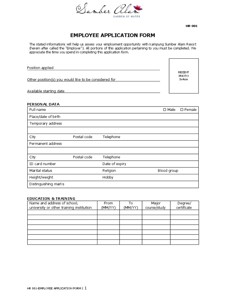 HR 001-Employee Application Form | PDF