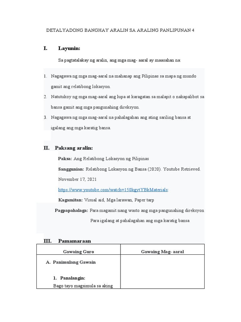Detalyadong Banghay Aralin Sa Araling Panlipunan 4 | PDF