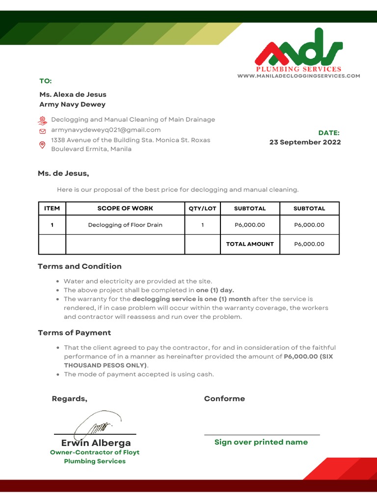 Manila Declogging Services Quotation | PDF