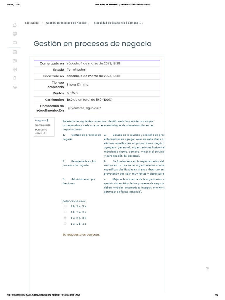 Gestión en Procesos de Negocio Modalidad de Exámenes - Semana 1 | PDF | Procesos de negocio ...