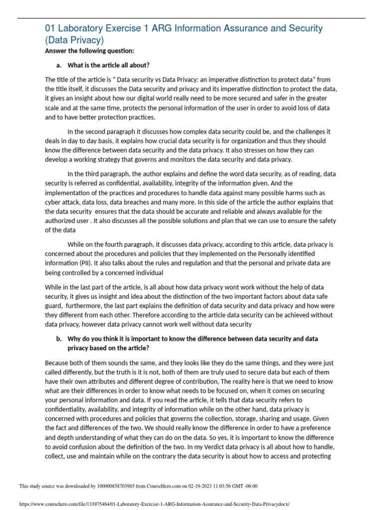 01 Laboratory Exercise 1 ARG Information Assurance and Security Data Privacy | PDF | Privacy ...