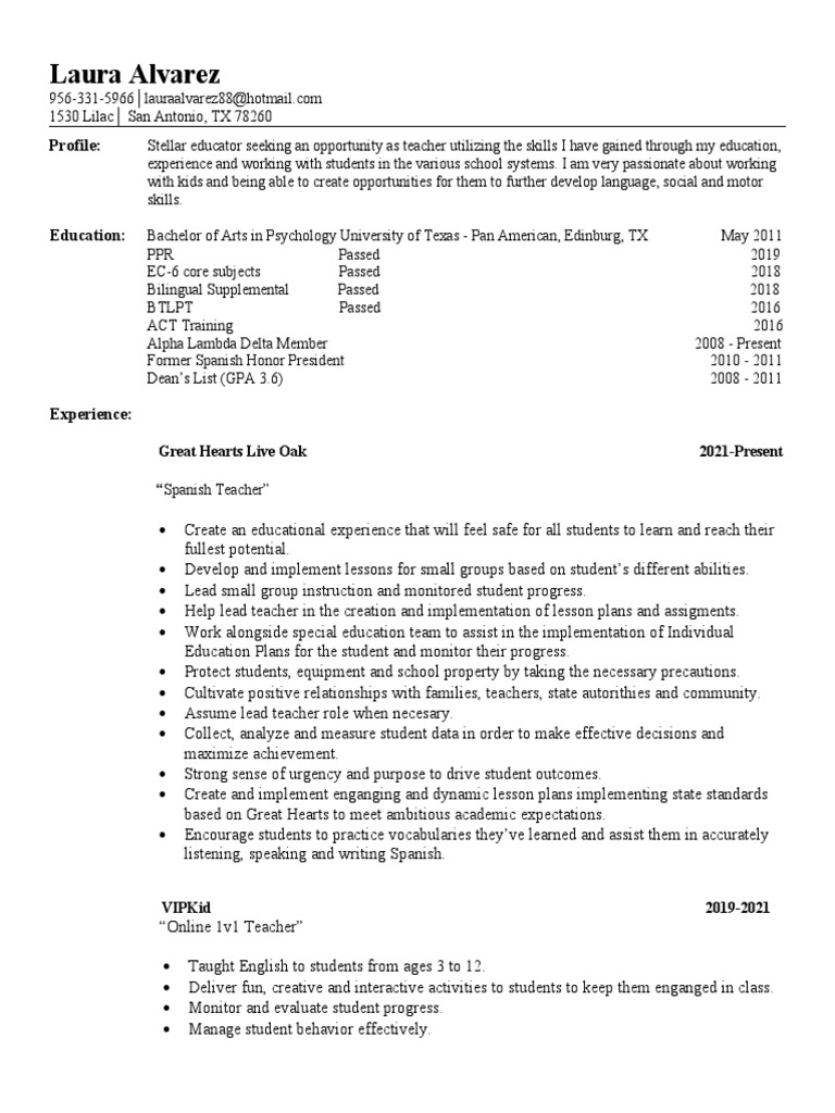 Laura Alvarez Resume | PDF | Teachers | Lesson Plan